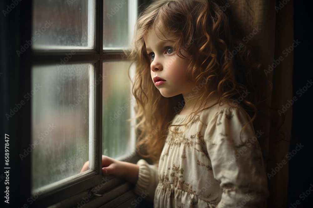 Cute little girl look at the window. Kid portrait. AI generated Stock ...