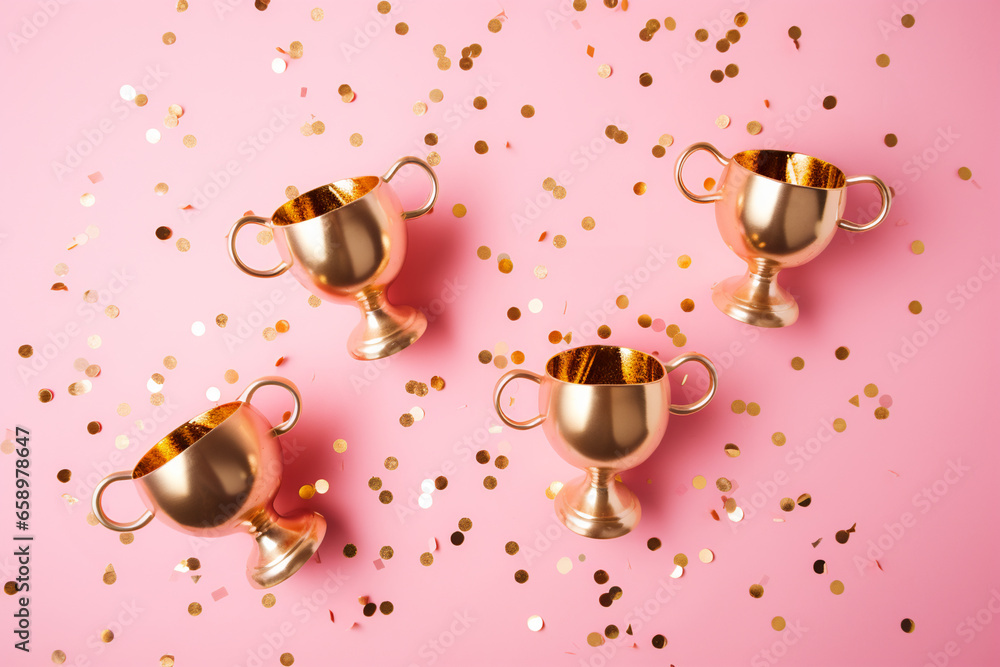 golden winners cups flat lay on a pastel pink background with golden ...