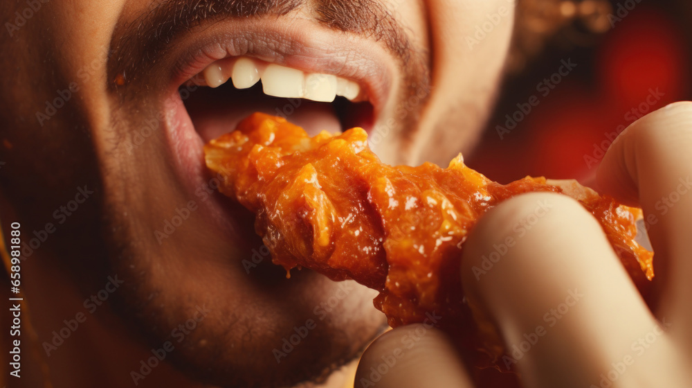 man eating a takeaway fried chicken wing from fast food cafe with a ...