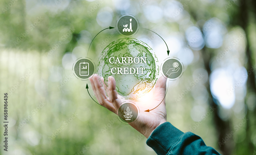 Hand holding CO2 reducing icon with virtual world for decrease carbon dioxide emission, carbon ...