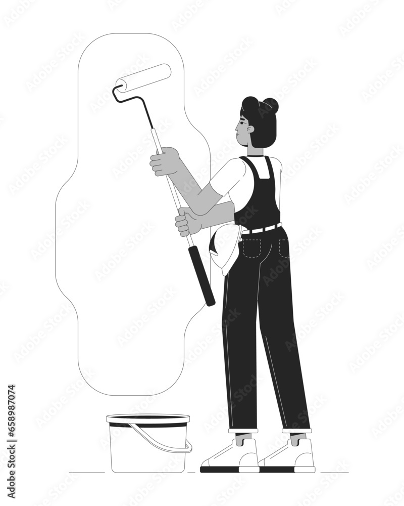 Contractor painting house black and white cartoon flat illustration ...