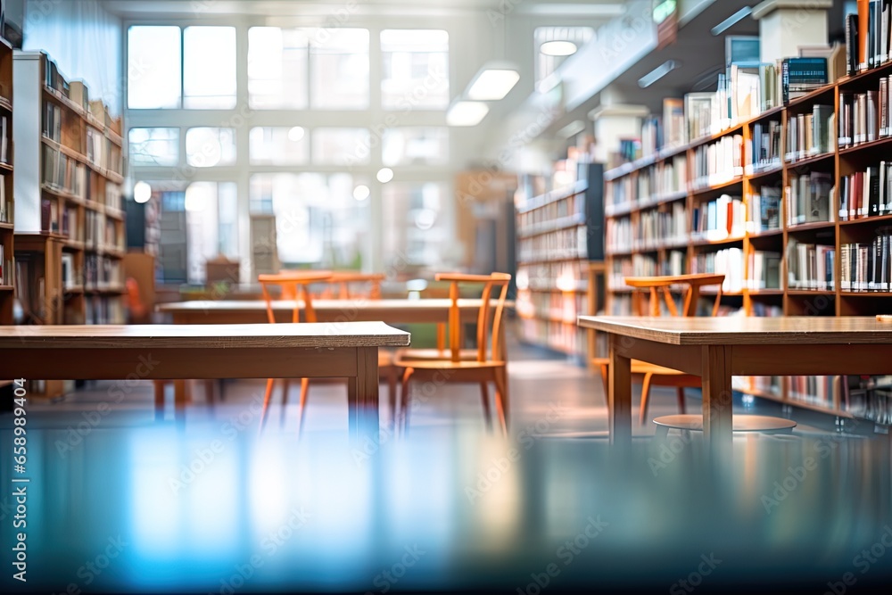 Empty library interior with bookshelves and tables. Blurred background ...