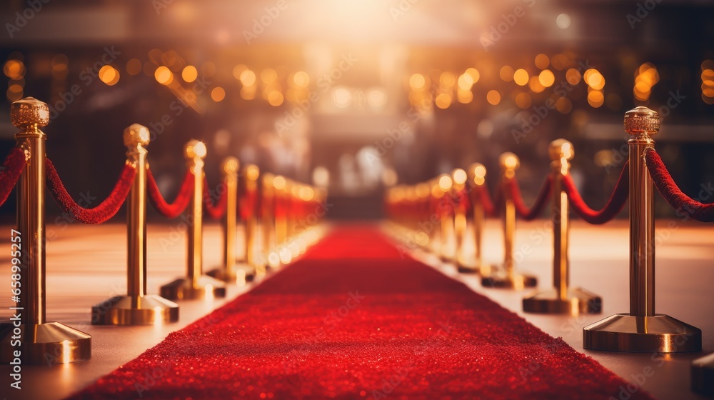 Red carpet and barriers with velvet rope, red curtains in the ...