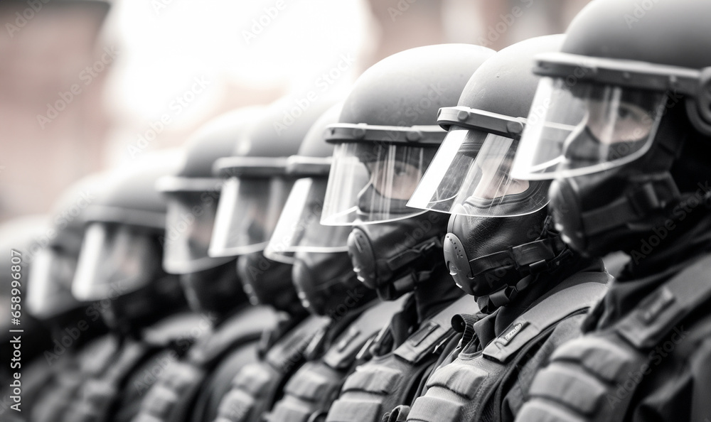 Special police unit SWAT team officer standing in a row. Masked Team of Armed SWAT Police ...