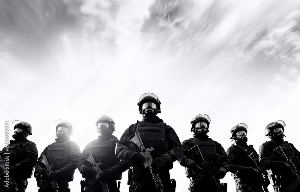 Special police unit SWAT team officer standing in a row. Masked Team of ...