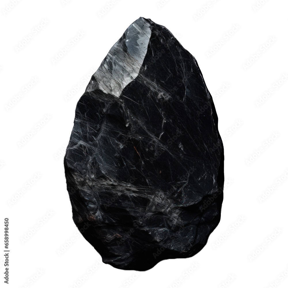 A sleek, polished black stone with glossy texture, resting in isolation ...