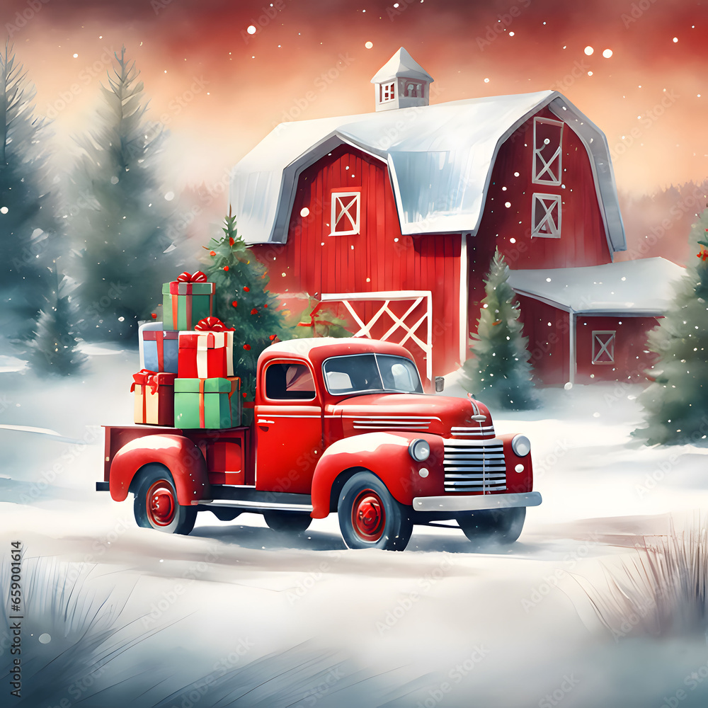 Christmas vintage red truck with gifts, farmhouse, barn, Christmas tree ...