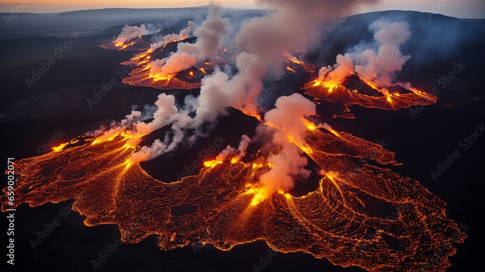 Lava Flow Erupting Volcano Magma Burning Flames Soil Ashes Smokes ...