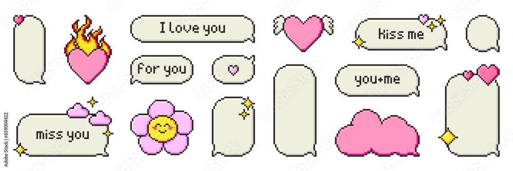 Set of pixel art dialogue box, heart, star, cloud. Speech bubbles in ...