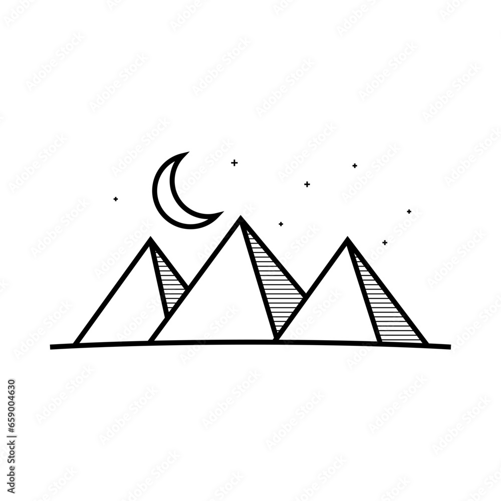 Three pyramids lined up in a nighttime setting. Draw a pyramid with ...