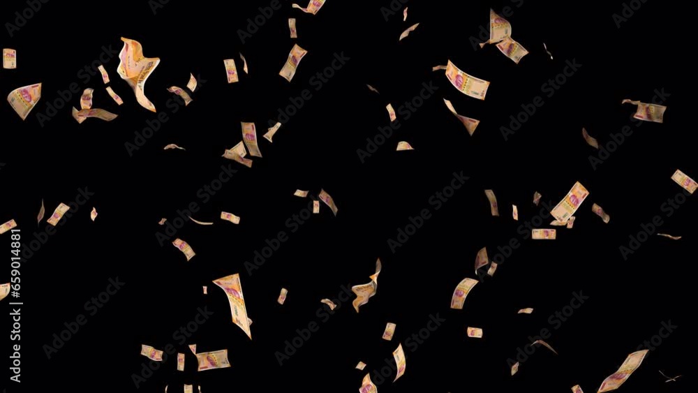 200 Rupees money transition. Many banknotes falling on transparent ...