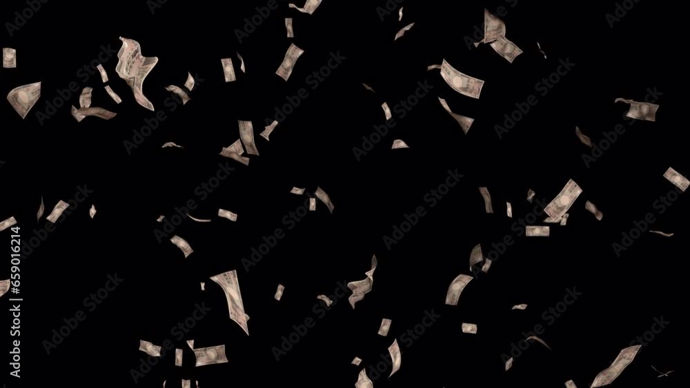 10000 Yen money transition. Many banknotes falling on transparent ...