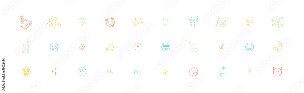 Cute line doodle pastel motion elements, stars, firework and emoticons ...