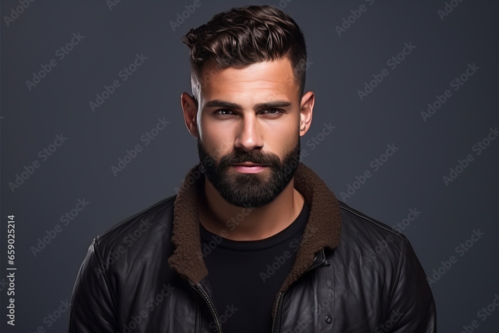 Handsome man with an undercut hairstyle and beard studio portrait ...