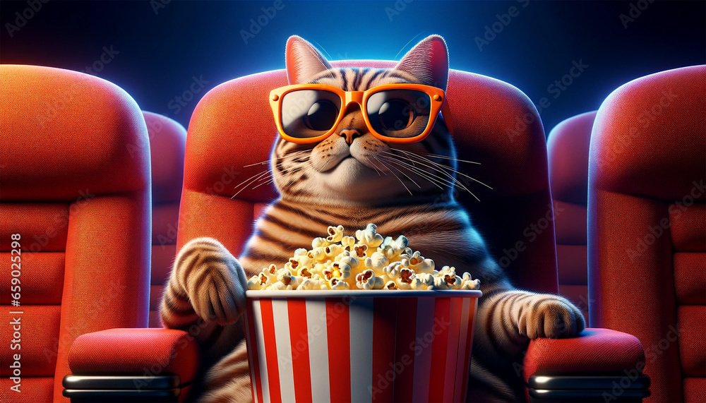 Cinema Enthusiast: A Whimsical, 3D Rendered Tabby Cat in Stylish ...