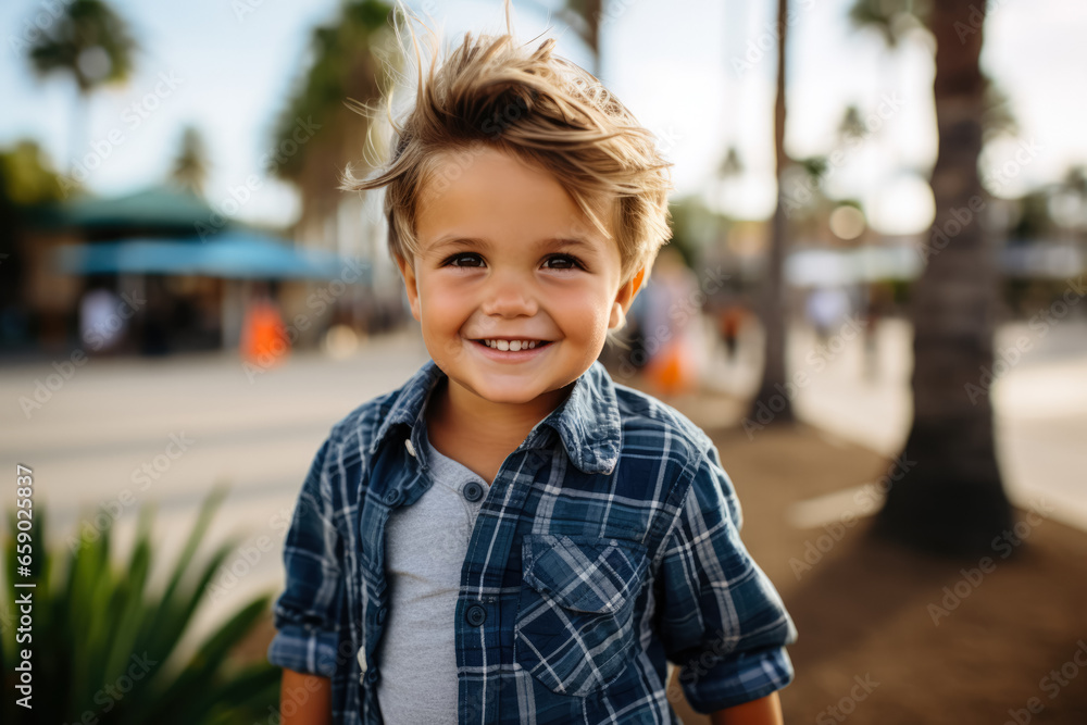 Boy four years old happily poses for camera in San Diego Stock Photo ...