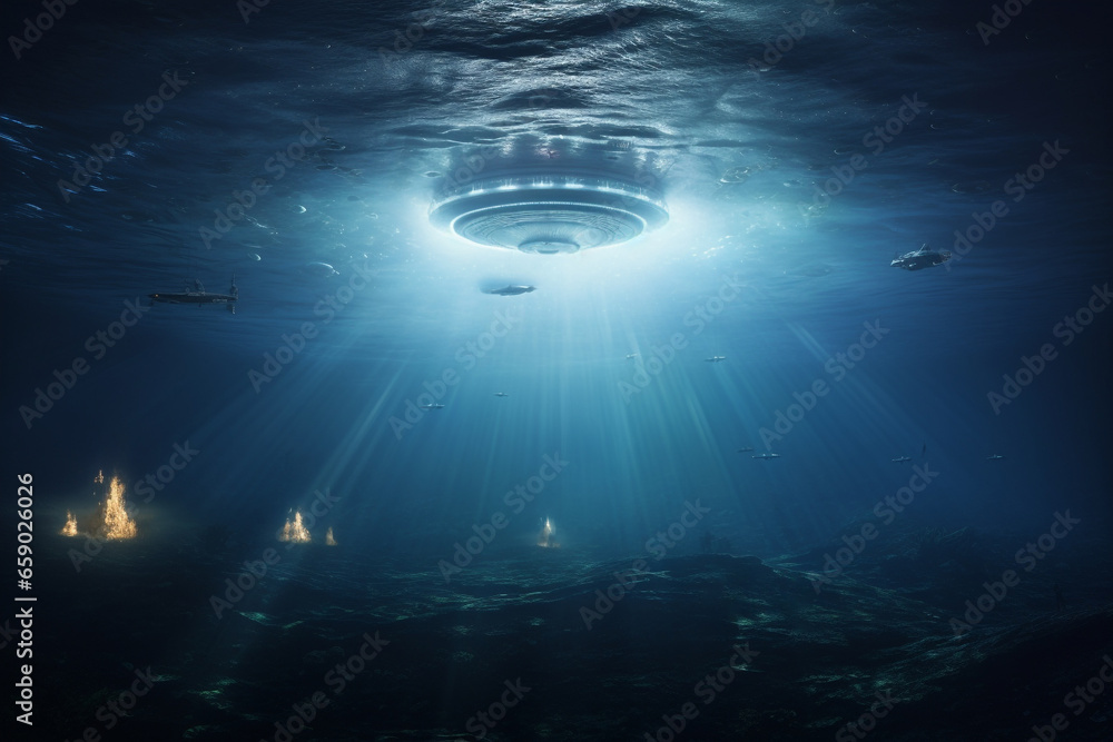 Sci-fi and fantasy concept. UFO and extraterrestrial ship swimming in bottom of the ocean. Alien ...