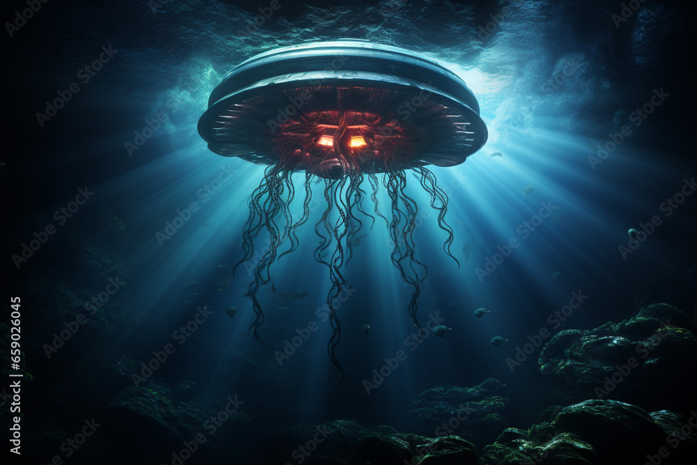 Sci-fi and fantasy concept. UFO and extraterrestrial ship swimming in ...