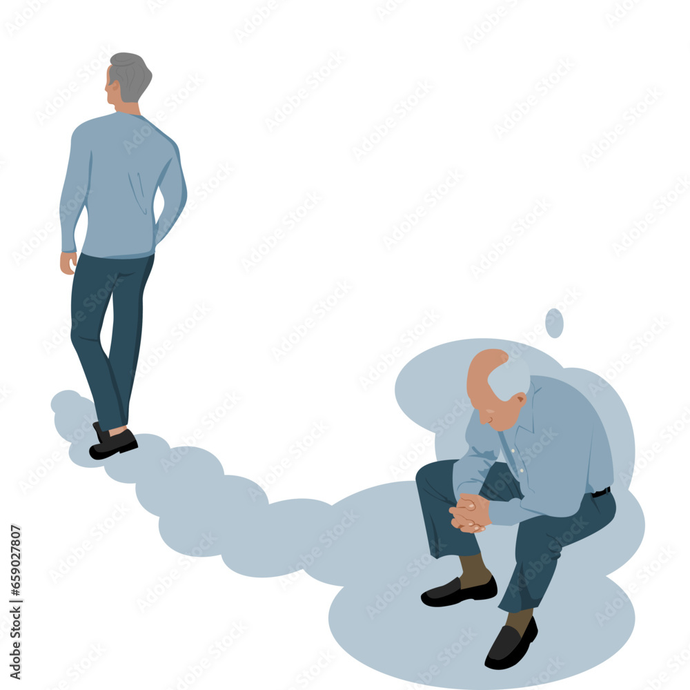 Back view of a young man walking leaving one bald old man is Sitting ...