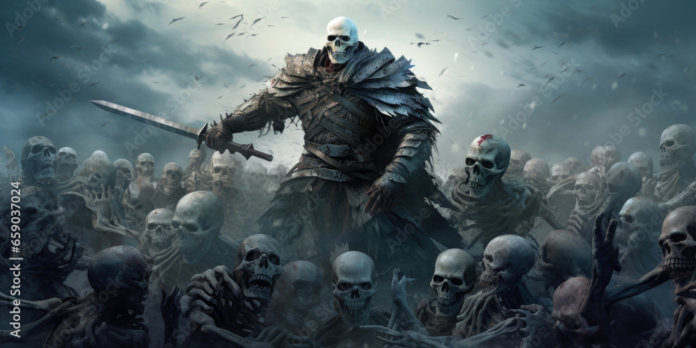 Army of creepy skeletons, scary undead on battlefield in apocalypse ...