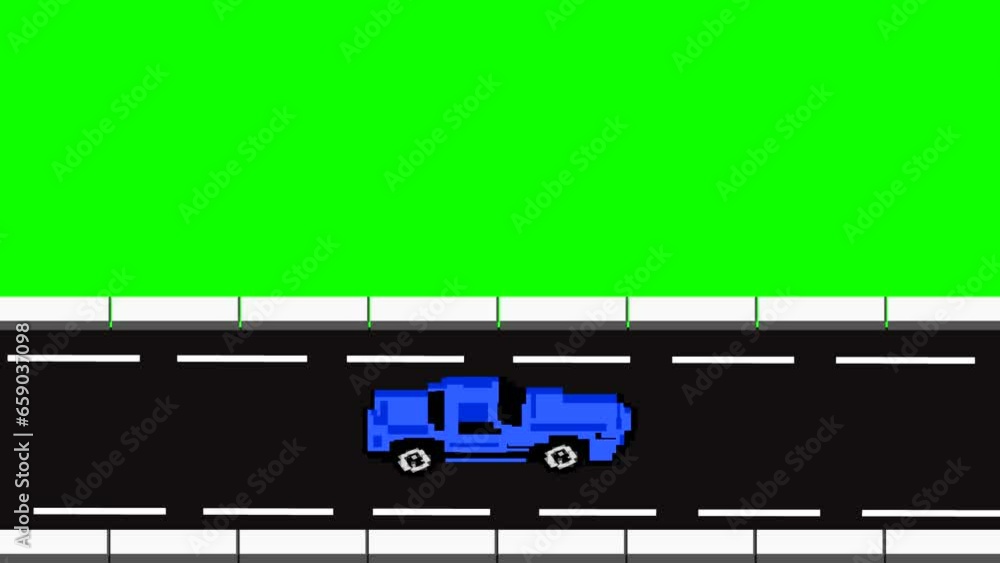 Animated video of an old blue car game in 16-bit style with a green ...