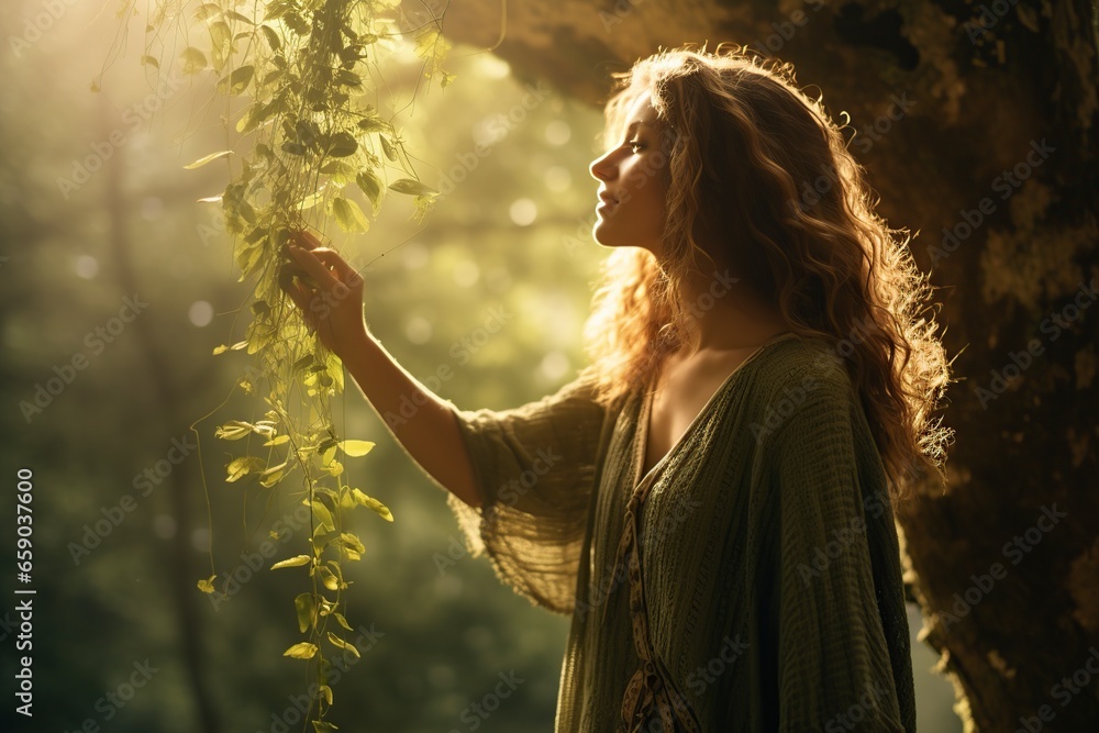 beautiful woman connecting in the forest with nature Stock Photo ...