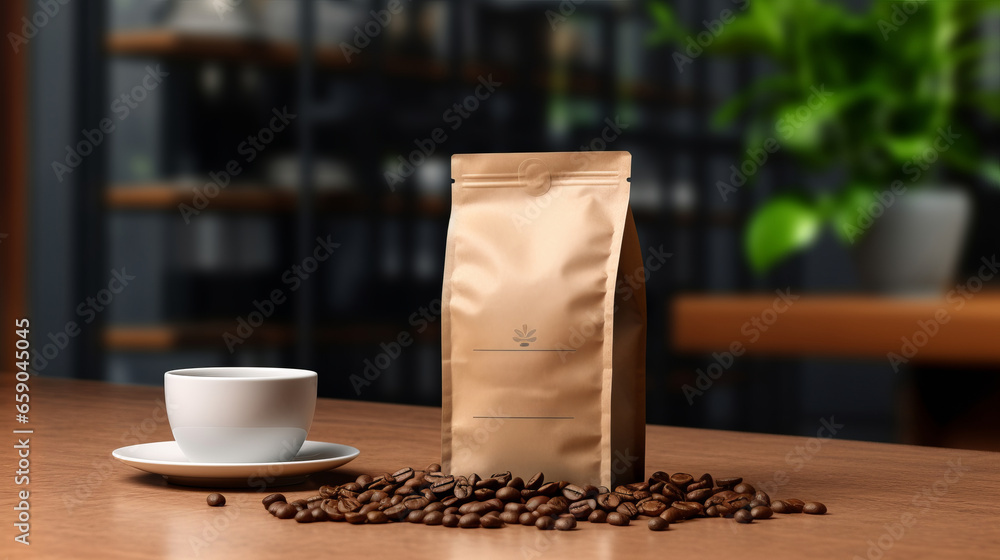 A brown coffee paper bag packaging mockup with spilled coffee beans on ...