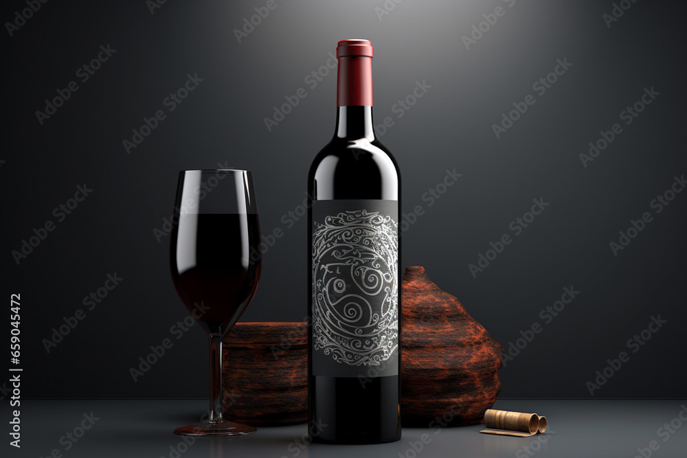 A high-end wine bottle adorned with an opulent label, placed gracefully ...