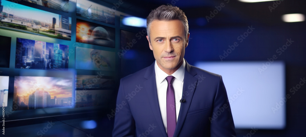 Newsroom Studio, TV Live News Program Professional Male Presenter ...