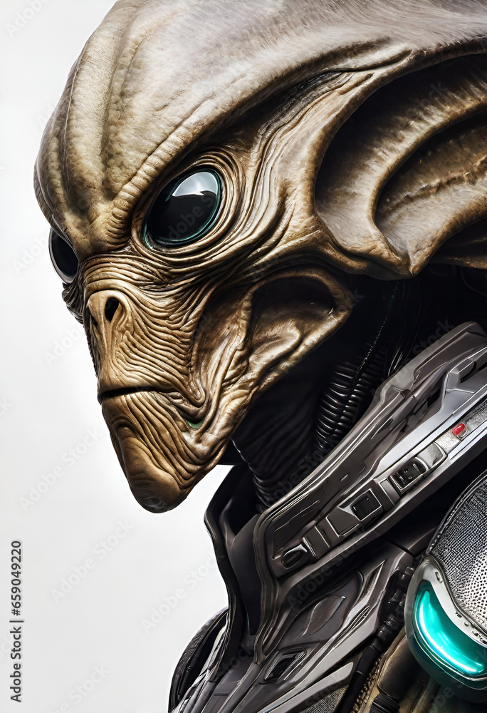 Elderly alien wearing armored spacesuit with glaring black eyes and ...
