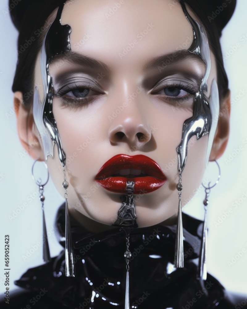 A mysterious woman wearing a gothic makeover of silver and red lipstick ...