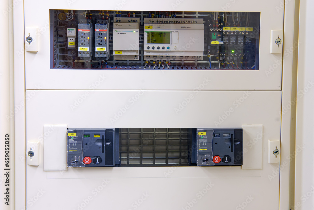 A modern control panel Abb и Schneider with an automatic breaker for ...