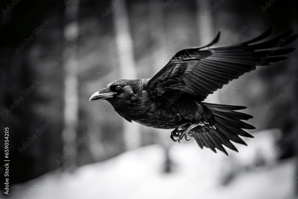 B&W photo of a raven captured in midflight in a northern forest, in the ...