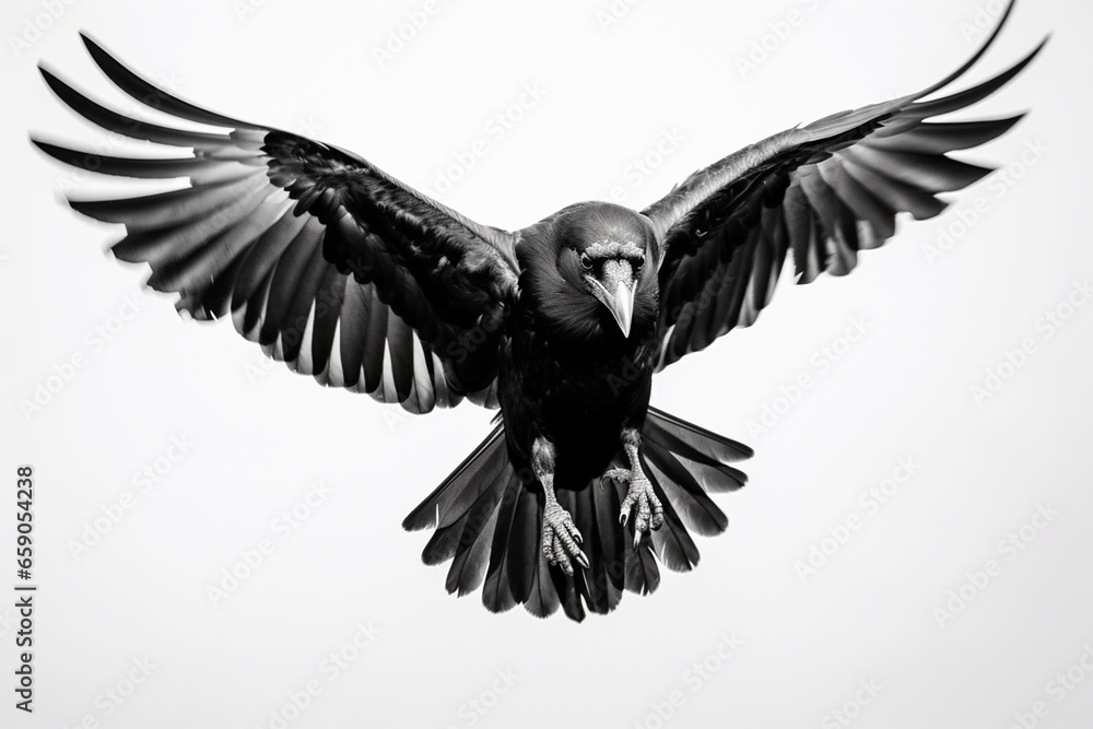 B&W raven captured in midflight in a northern forest, in the style of ...