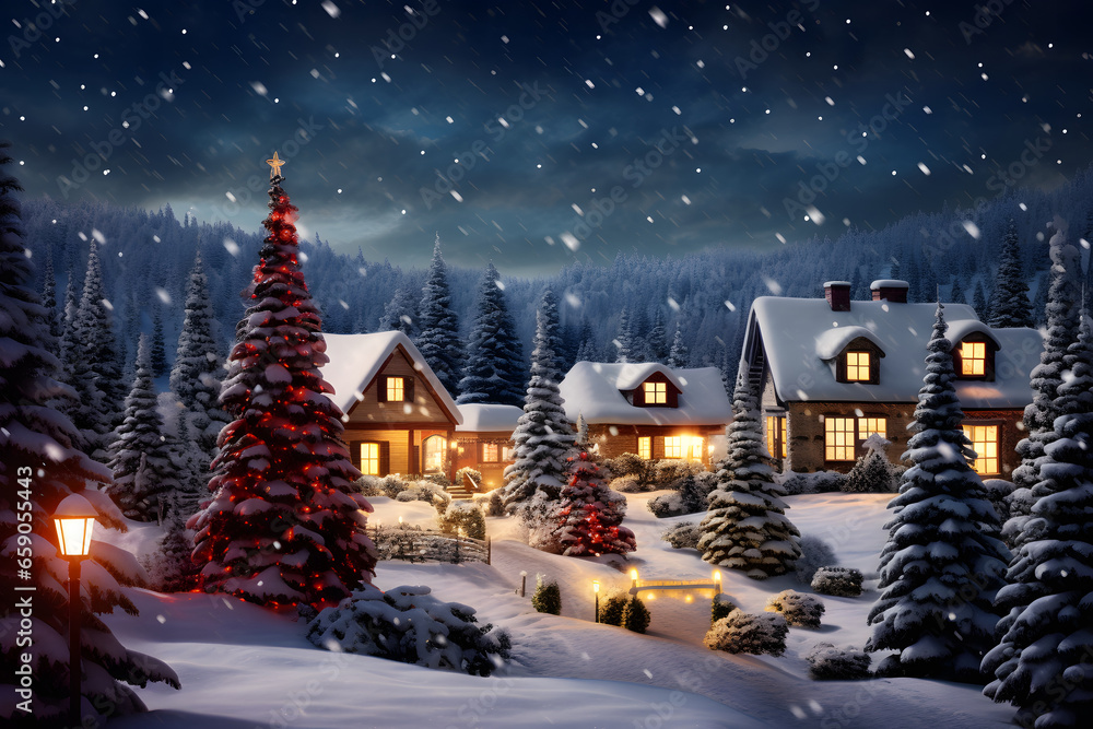 A beautiful outdoor Christmas scene illustration of a Christmas house ...