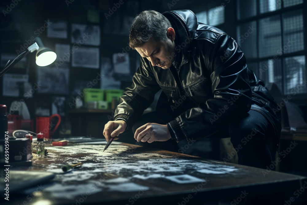 detective meticulously analyzed the crime scene for clues Stock Photo ...