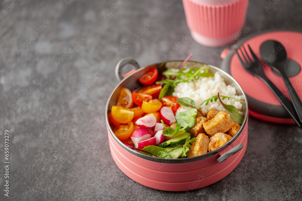 Healthy meal container Buddha bowl with chicken, rice and vegetable ...