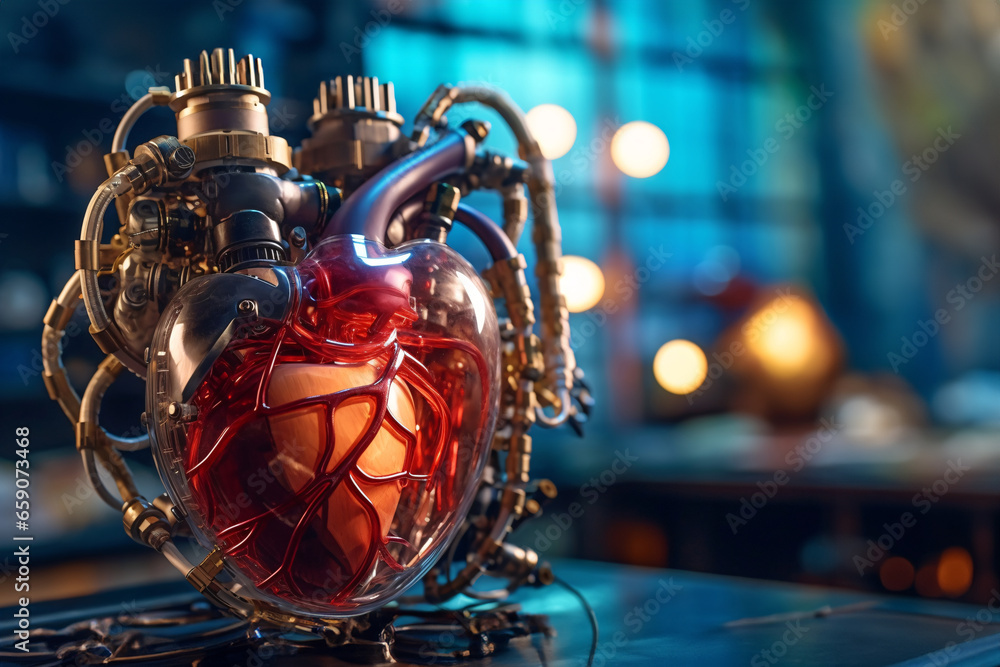 Robotic heart. Heart prosthesis. Human heart on digital background ...
