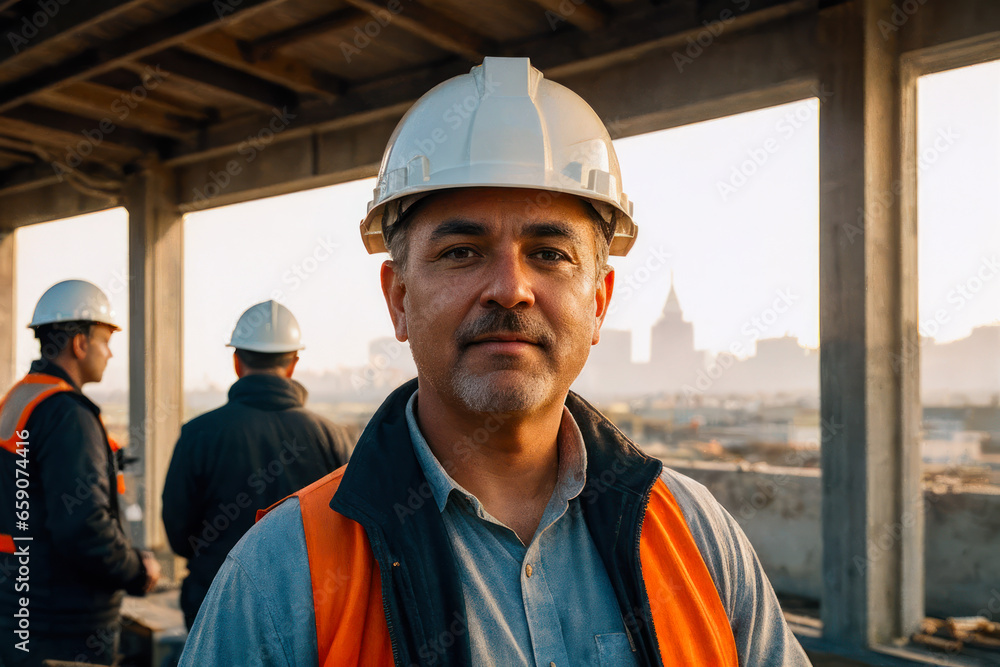 Builder, dressed in an orange vest and white construction helmet on a ...
