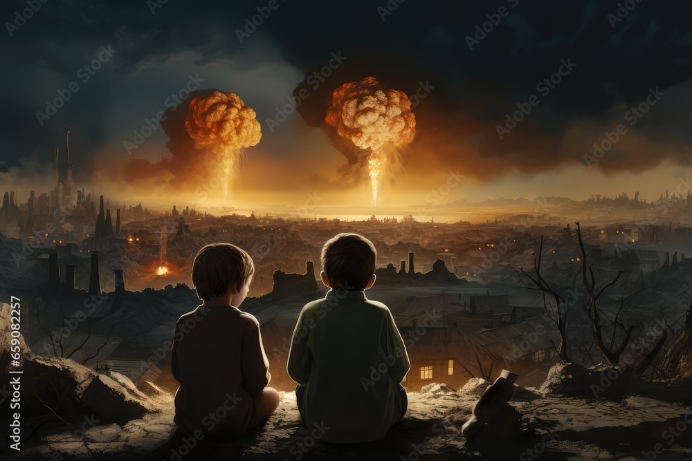 Little boy and girl sitting at table and looking at nuclear explosion ...