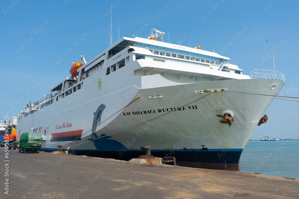 Surabaya, Indonesia - October 08, 2023 - A large passenger ship is ...