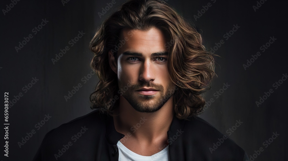 Masculine Hair Model with Luxurious Long Hair.masculine young man with ...