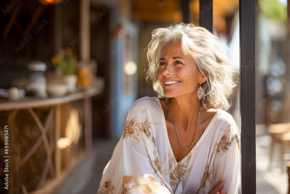 Snapshot of a happy 60 year old woman sitting outside Stock Photo ...