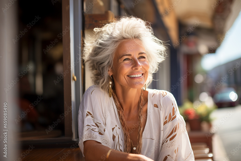 Snapshot of a happy 60 year old woman sitting outside Stock Photo ...