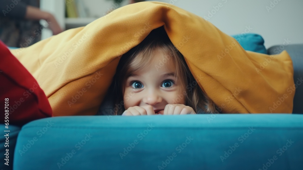 children kid playing hide and seek standing behind the sofa, Adorable ...