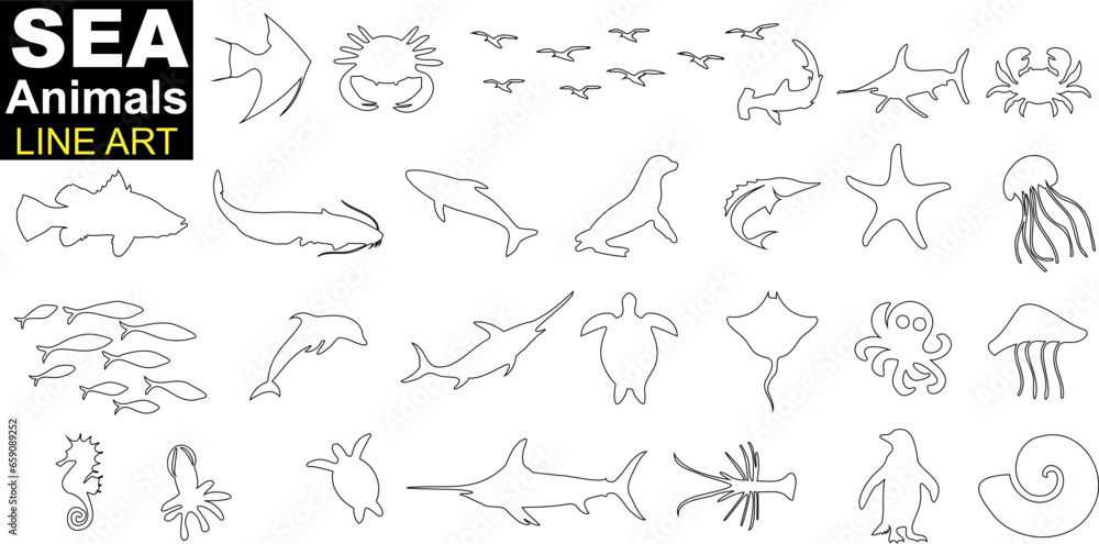 Vektorová grafika „sea animals, creatures line art. Features a diverse ...