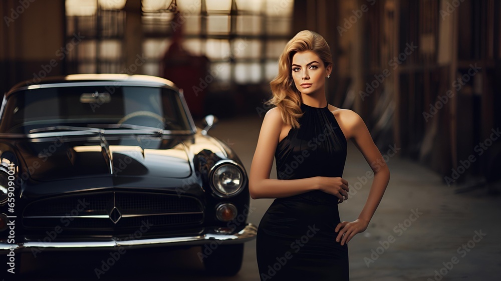 Fashion Model in Classic Black Dress Posing with Vintage Sports Car ...