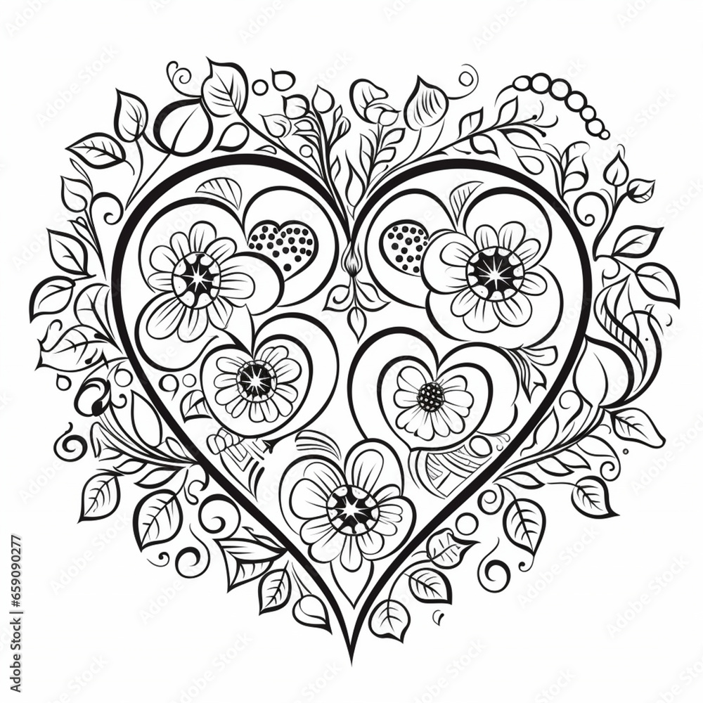 Mandala in the shape of a heart black and white coloring page for the ...