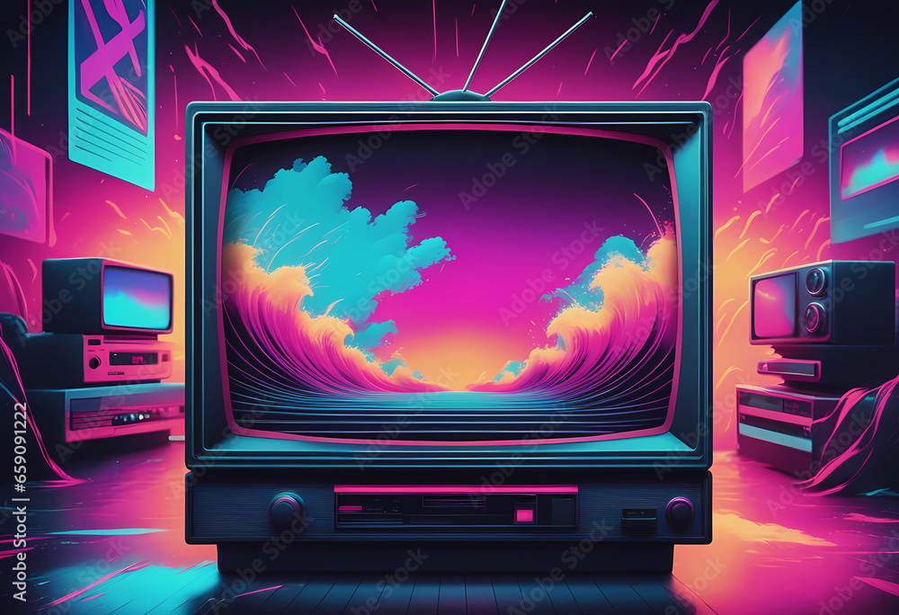 Retro 80s background, sea waves on TV screen, stylized illustration ...