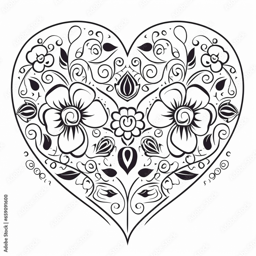 Mandala in the shape of a heart black and white coloring page for the ...